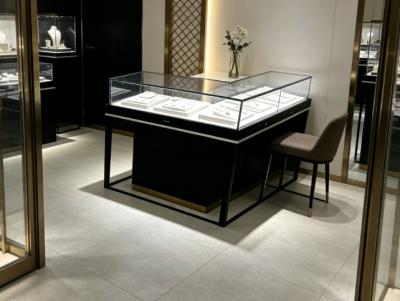 China Luxury Vertical Fluted Red Velvet Black Jewelry Display Cabinet, Premium Glass Showcase for High-End Gold Retail for sale