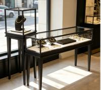 China Custom Luxury Tall Black Cases Lock Design White Glass Counter showcase Jewelry Display Cabinet with Led for sale