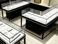 China Custom Luxury Tall Black Cases Lock Design White Glass Counter showcase Jewelry Display Cabinet with Led for sale