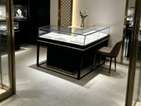 China Custom Luxury Tall Black Cases Lock Design White Glass Counter showcase Jewelry Display Cabinet with Led for sale
