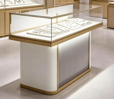 China Commercial Interior Design for Luxury Jewelry Showroom Display Cabinets with LED Lighting Vintage Gold Finish for Shopping Malls for sale