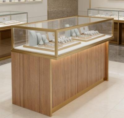 China Luxury Modern LED Jewelry Display Case Custom Wood Grain Glass Island Showcase for Diamond Ring Necklace Showroom Retail Store for sale