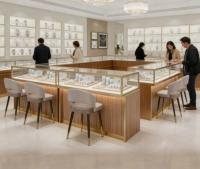 China Luxury Modern LED Jewelry Display Case Custom Wood Grain Glass Island Showcase for Diamond Ring Necklace Showroom Retail Store for sale