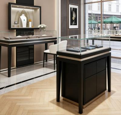 China Luxury Black Wooden Jewelry Display Case with Glass Top and LED Lighting for High-End Jewelry Store and Luxury Shopping Mall for sale