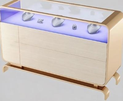 China Light Luxury Rounded Corner Jewelry Display Cabinet LED Lighting Champagne Gold Stainless Steel Glass Storage Drawers for sale