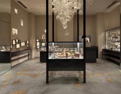 China Customizable LED Lighting Jewelry Display Counters with Dark Gray Base & Natural Stone Floor for Luxury Store Showroom Furniture for sale