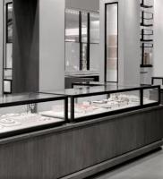 China High-End Custom Glass Jewelry Showcases with LED Lighting and Modern Black Metal Frame for Retail Stores for sale