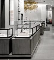 China High-End Custom Glass Jewelry Showcases with LED Lighting and Modern Black Metal Frame for Retail Stores for sale