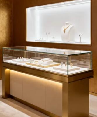 China Italian Luxury Jewelry Display Set High-End Custom Showcase with Glass Panel Gold Metal Trim LED Lighting for Luxury Retail for sale