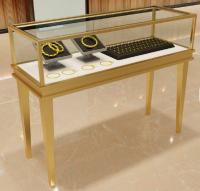 China Minimalist Luxury Jewelry Display Table Set High End Custom Showcase Glass Top Metal Frame LED Luxury Retail Premium Modern for sale