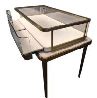 China Luxury Square Jewelry Display Case High End Custom Showcase with Glass Panel & Bronze Metal Trim LED Lighting for Luxury Retail for sale