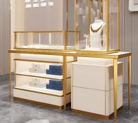 China Luxury Gold Jewelry Display Case High End Custom Jewelry Showcase Glass Leather Finish LED Durable High Quality for Jewelry for sale