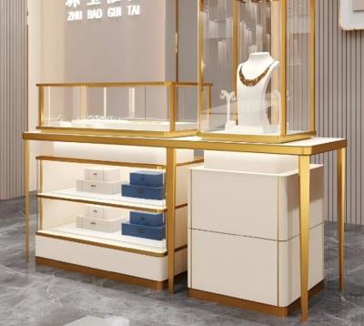 China Luxury Gold Jewelry Display Case High End Custom Jewelry Showcase Glass Leather Finish LED Durable High Quality for Jewelry for sale