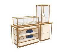 China Luxury Gold Jewelry Display Case High End Custom Jewelry Showcase Glass Leather Finish LED Durable High Quality for Jewelry for sale