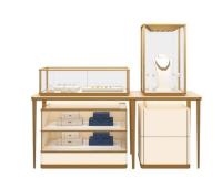 China Luxury Gold Jewelry Display Case High End Custom Jewelry Showcase Glass Leather Finish LED Durable High Quality for Jewelry for sale