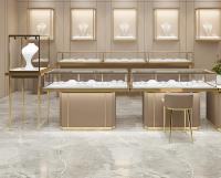 China Premium LED Commercial Jewelry Display Cabinet Freestanding & Countertop Design Luxury Champagne Gold Finish Showcase for sale