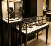 China Silver With Black Trim Luxury Front Showcase Featuring LED Lighting and Customizable Shelving for Jewelry Display for sale