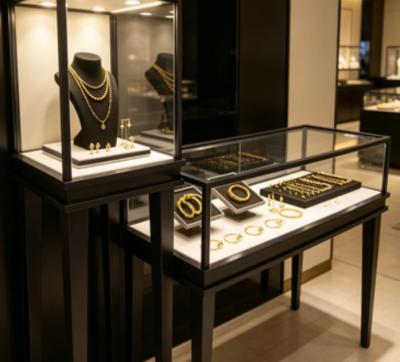 China Silver With Black Trim Luxury Front Showcase Featuring LED Lighting and Customizable Shelving for Jewelry Display for sale