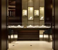China Silver With Black Trim Luxury Front Showcase Featuring LED Lighting and Customizable Shelving for Jewelry Display for sale