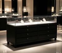 China Silver With Black Trim Luxury Front Showcase Featuring LED Lighting and Customizable Shelving for Jewelry Display for sale