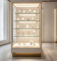 China Adjustable Glass Shelves Wall Mounted Display Case with 50kg Per Shelf Weight Capacity and Built-in High-CRI LED Spotlight for sale