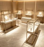 China Customized Item Shape Jewelry Display Table with Rust-proof Gold Metal Frame and High-Security Locks for sale