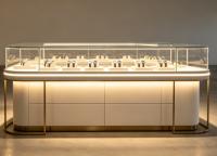 China Adjustable Glass Shelves Wall Mounted Display Case with Built-in High-CRI LED Spotlight and Front Opening Soft-Close Doors for sale