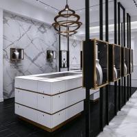 China Upright Display Case with Built-in LED Strip Lights, 50kg Per Shelf Weight Capacity, and Natural Marble Vein Finish for sale