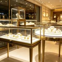 China Matte White Jewelry Display Table with Low Counter Height and Built-in Dimmable LED Lighting for sale