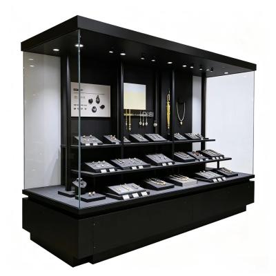 China Matte Black Stainless Steel Wall Mounted Display Case with Adjustable Glass Shelves and Dustproof Secure Protection for sale