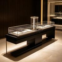 China Freestanding Island Display Cabinet with Curved Glass Dimmable Brightness and Lockable Glass Doors for sale