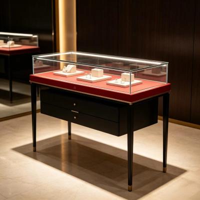 China Mahogany Island Display Cabinet with Lockable Glass Doors, Curved Glass, and Dimmable LED Lighting for Secure Elegant Display for sale
