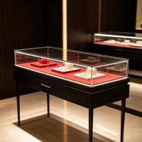 China Mahogany Island Display Cabinet with Lockable Glass Doors, Curved Glass, and Dimmable LED Lighting for Secure Elegant Display for sale