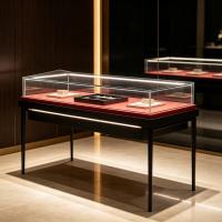 China Mahogany Island Display Cabinet with Lockable Glass Doors, Curved Glass, and Dimmable LED Lighting for Secure Elegant Display for sale