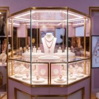 China Rose Gold Stainless Steel Upright Display Case with 50kg Per Shelf Weight Capacity and Ultra-Clear Tempered Glass for sale