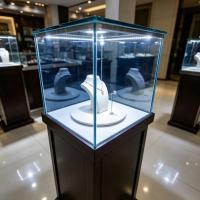 China Built-in Dimmable LED Lighting Jewelry Display Table with High-Security Locks and Matte White Exterior Finish for sale