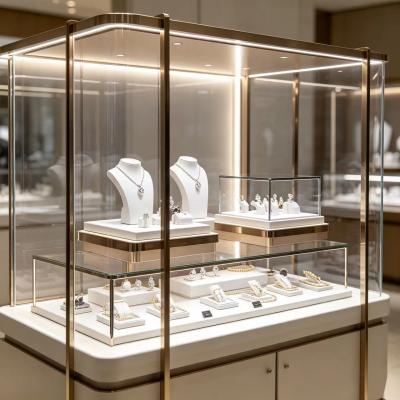 China Jewelry Display Table with Tempered Glass Shelving High-Security Locks and Ample Hidden Storage for sale