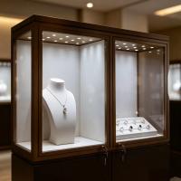 China Champagne Gold Jewelry Shop Design with 1.1 CBM Volume Display Case and 12V Output Voltage Shatter-resistant Tempered Glass for sale