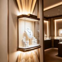 China Luxury Jewelry Store Layout with Shatter-resistant Tempered Glass, Backlit Logo Sign, and Full-length Mirrors Near Display for sale