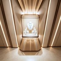 China Luxury Jewelry Store Layout with Shatter-resistant Tempered Glass, Backlit Logo Sign, and Full-length Mirrors Near Display for sale