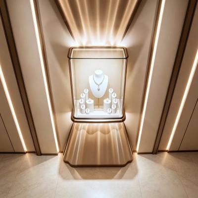 China Luxury Jewelry Store Layout with Shatter-resistant Tempered Glass, Backlit Logo Sign, and Full-length Mirrors Near Display for sale