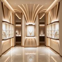 China Luxury Jewelry Store Layout with Shatter-resistant Tempered Glass, Backlit Logo Sign, and Full-length Mirrors Near Display for sale