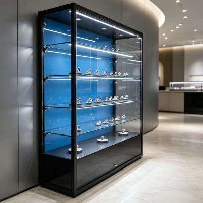 China Tempered Glass Jewelry Display Table with Lockable Compartments and Dimmable High-CRI LED Lighting for sale