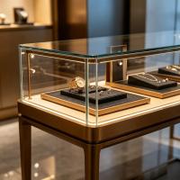 China Tempered Glass Jewelry Display Table with Dimmable High-CRI LED Lighting and Built-in Key Lock for Secure Showcases for sale