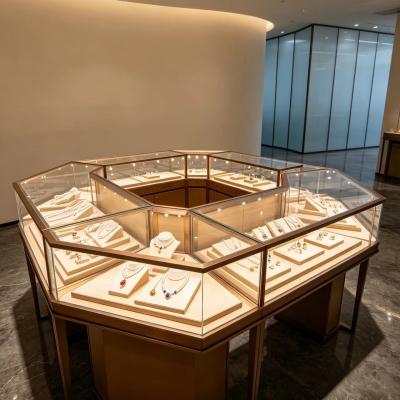 China Tempered Glass Jewelry Display Table with Dimmable High-CRI LED Lighting and Built-in Key Lock for Secure Showcases for sale