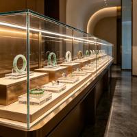 China Tempered Glass Jewelry Display Table with Dimmable High-CRI LED Lighting and Built-in Key Lock for Secure Showcases for sale