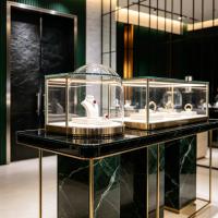 China Secure Key Lock Jewelry Counter with Hidden LED Strip Lighting and Marble Tabletop for Elegant Jewelry Display for sale