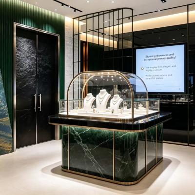 China Secure Key Lock Jewelry Counter with Hidden LED Strip Lighting and Marble Tabletop for Elegant Jewelry Display for sale