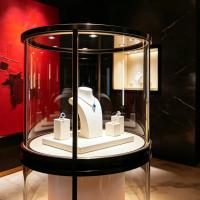 China Wooden Jewelry Display Counter with Secure Key Lock Marble Tabletop and Hidden LED Strip Lighting for sale