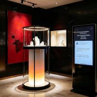 China Wooden Jewelry Display Counter with Secure Key Lock Marble Tabletop and Hidden LED Strip Lighting for sale
